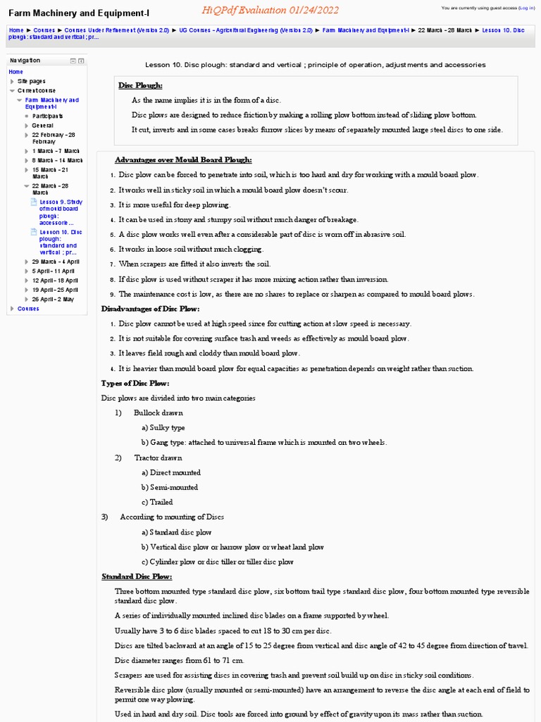 Disc Plough:: Lesson 10. Disc plough: standard and vertical ; principle ...