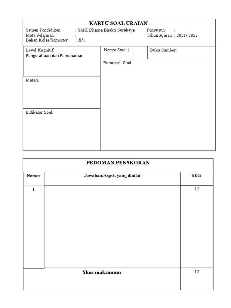 Format - Kartu - Soal - Uraian 2021-2022 | PDF