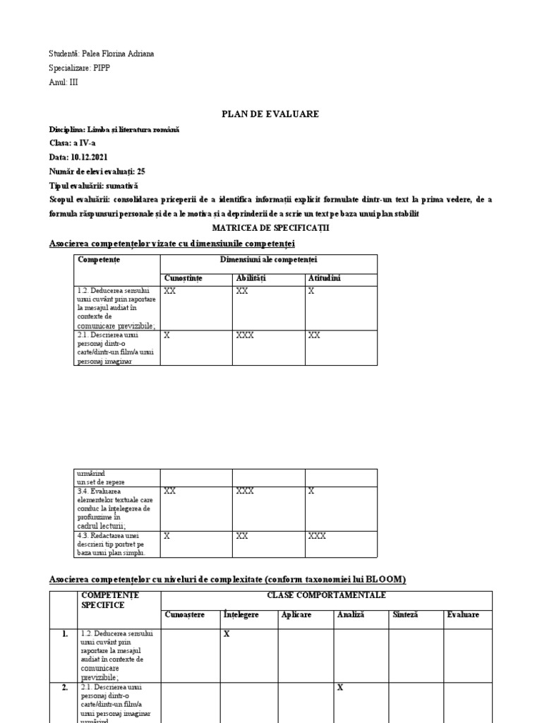 Plan de Evaluare - Palea Florina Adriana - Anul III | PDF