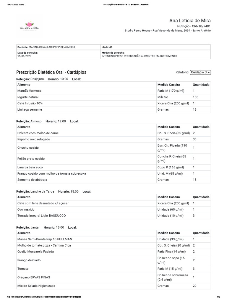 Cardapio 3 Marina Popp | PDF | Alimentos | Ingredientes de alimentos