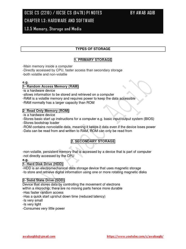 GCSE CS (2210) / IGCSE CS (0478) P1 NOTES Chapter 1.3: Hardware and ...