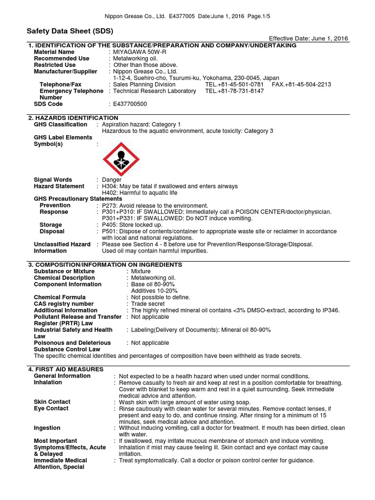 Safety Data Sheet (SDS) : Nippon Grease Co., Ltd. E4377005 Date:June 1, 2016 Page.1/5 | Download ...