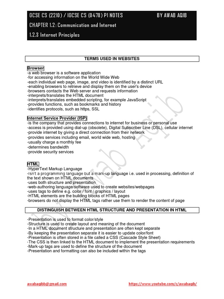 GCSE CS (2210) / IGCSE CS (0478) P1 NOTES CHAPTER 1.2: Communication ...
