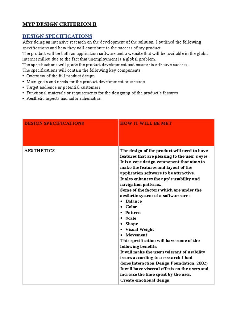 Design Specifications: Myp Design Criterion B | PDF | Usability | Design