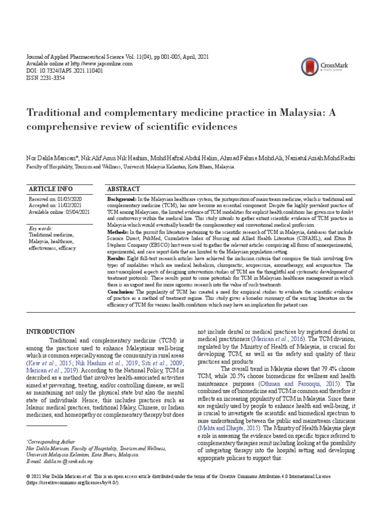 TCM Practice in Malaysia-A Comprehensive Review of Scientific Evidences ...