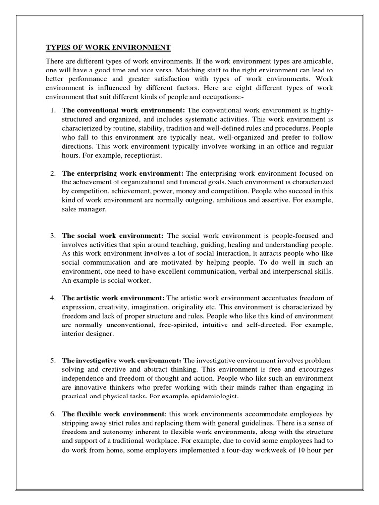 Types of Work Environment | PDF | Thought | Employment