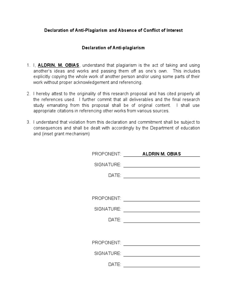 Declaration of Anti-Plagiarism and Absence of Conflict of Interest ...