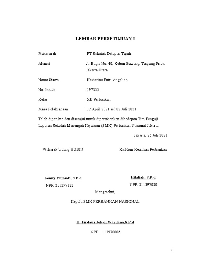 Contoh Laporan PKL - (Lembar Persetujuan) | PDF