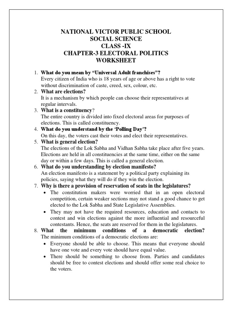 Class 9 Electoral Politics Worksheet | PDF | Elections | Voting
