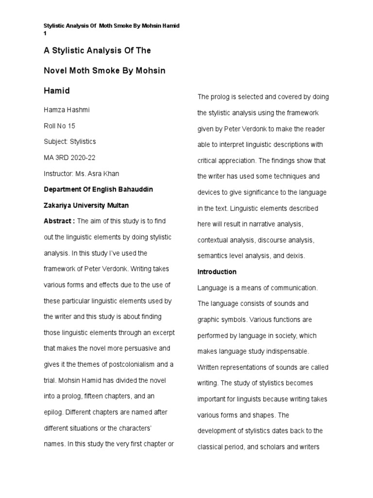 A Stylistic Analysis of The Prolog of The Novel Moth Smoke by Mohsin ...