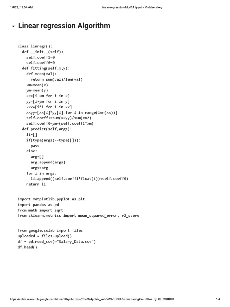 linear-regression-ML-DA - Ipynb - Colaboratory | PDF | Regression Analysis | Multivariate Statistics