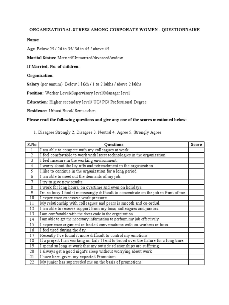 Stress at Work- Questionnaire | Working Time | Behavioural Sciences ...