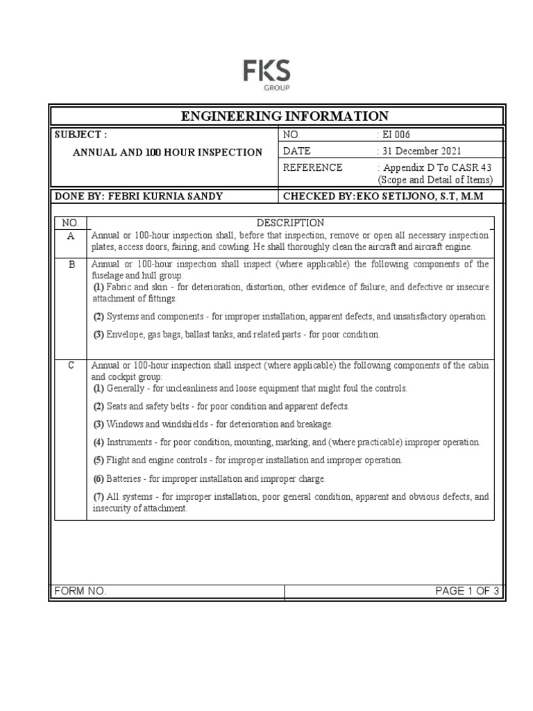 Engineering Information: Subject: Annual and 100 Hour Inspection | PDF ...
