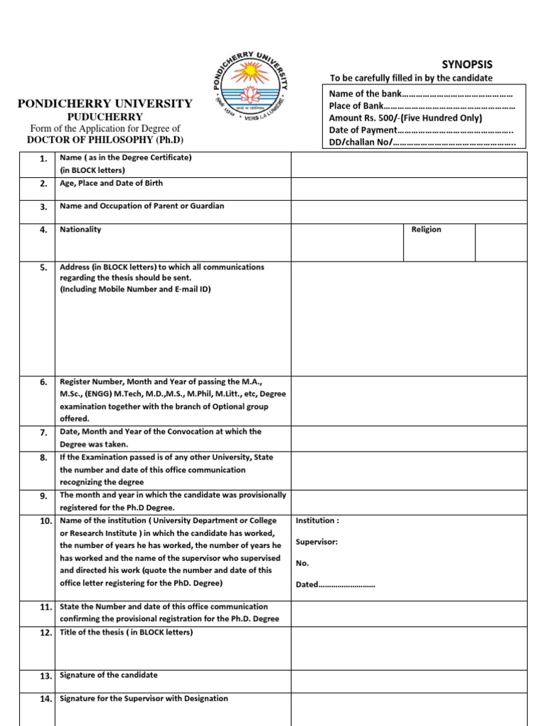 PhD Synopsis Application Guidelines | PDF | Doctor Of Philosophy | Thesis