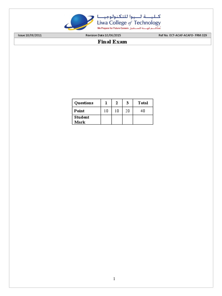 Final Exam: Questions 1 2 3 Total Point Student Mark | PDF | Databases | Java (Programming Language)