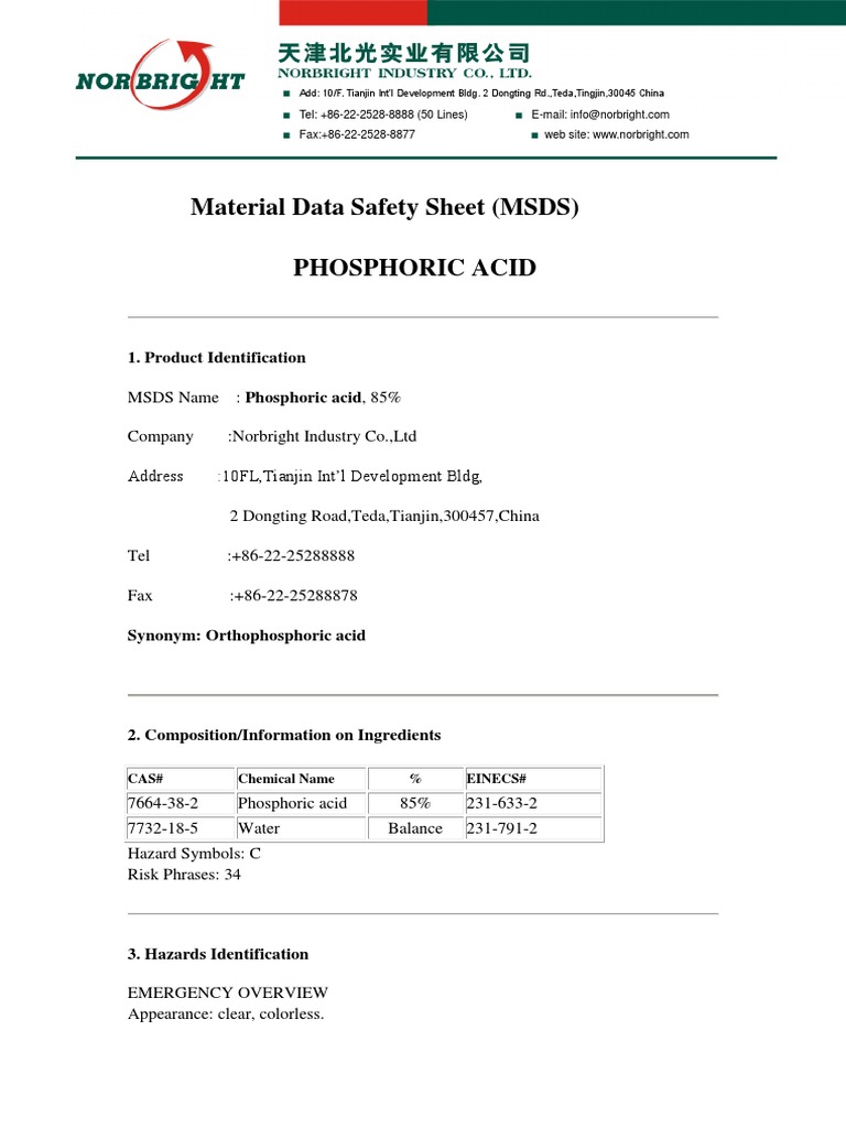 MSDS PH. Acid 85% | PDF | Personal Protective Equipment | Water
