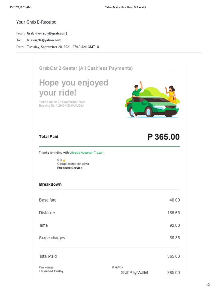 Yahoo Mail - Your Grab E-Receipt | PDF | Transportation Engineering ...