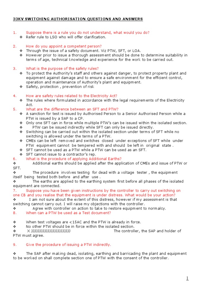 33KV Switching Authorisation Questions and Answer | PDF | Electrical ...