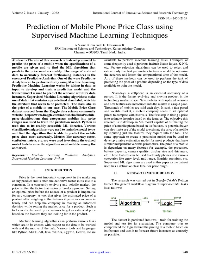 Prediction Of Mobile Phone Price Class Using Supervised Machine Learning Techniques Pdf