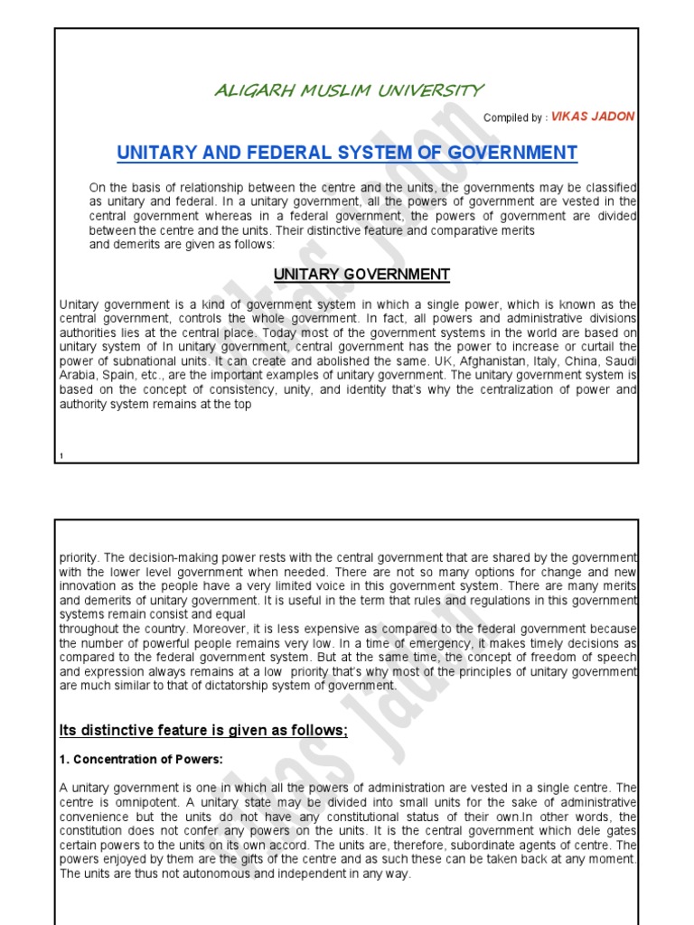 Federal and Unitary Govt | PDF | Constitution | Federal Government Of ...