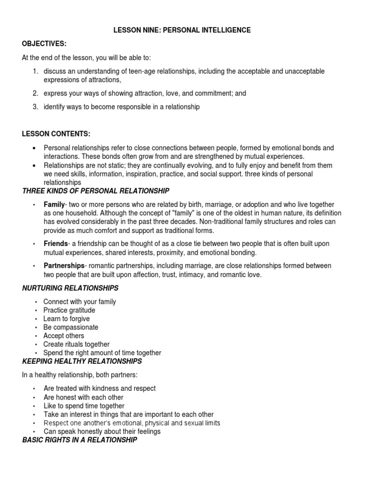 Lesson Nine Personal Intelligence | PDF | Friendship | Love