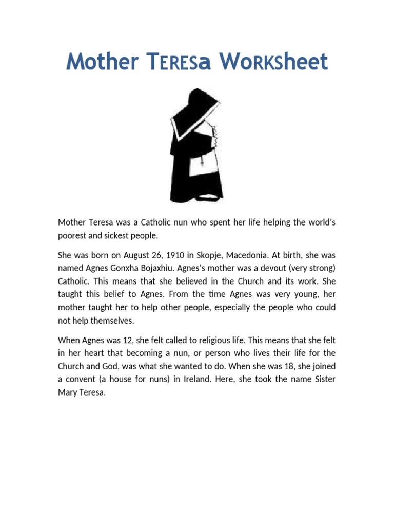 Mother Teresa Worksheet Word | PDF | Mother Teresa