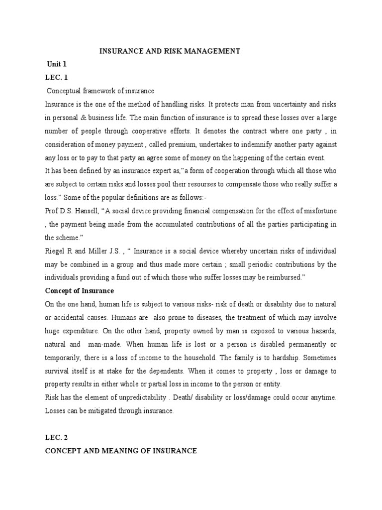 Insurance and Risk Management Unit 1 LEC. 1 | PDF | Financial Markets ...