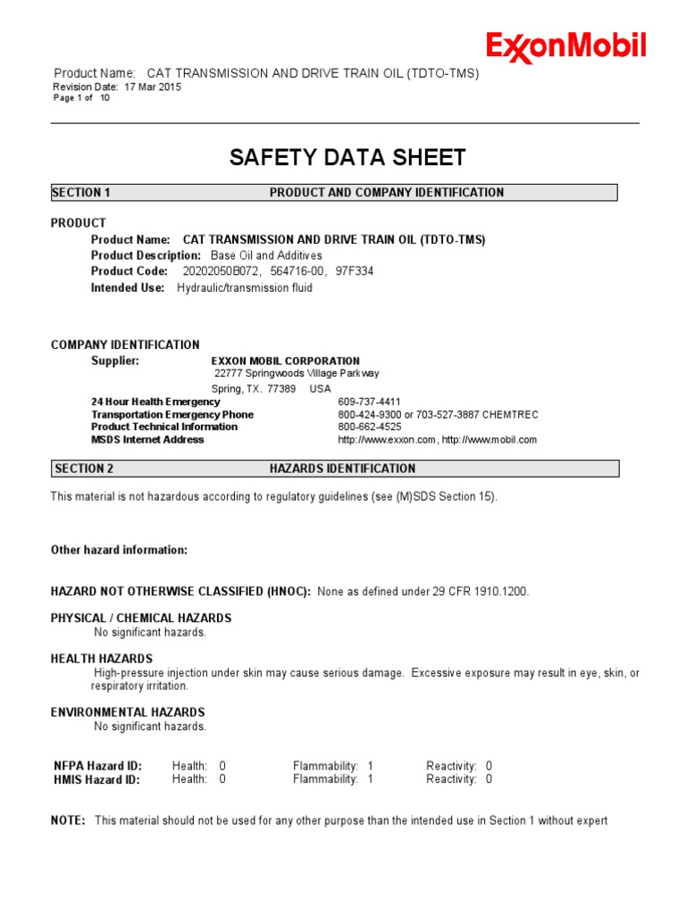 Safety Data Sheet: Product Name: Cat Transmission and Drive Train Oil ...