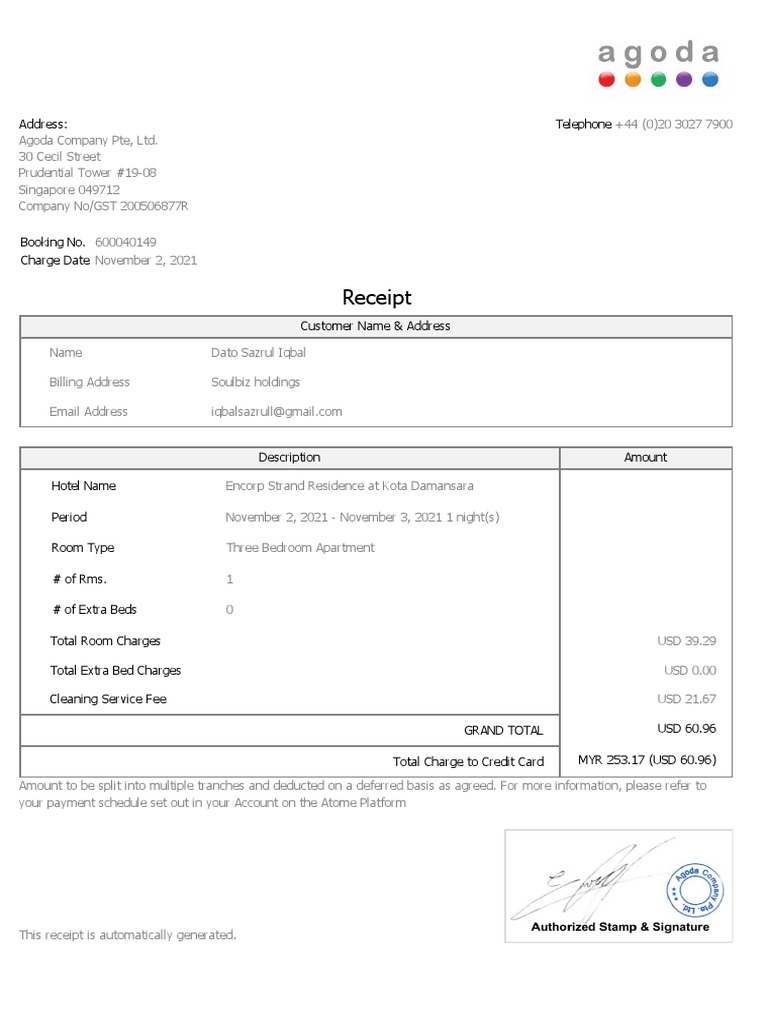 Agoda Booking ID 600040149 - RECEIPT Enclosed | PDF