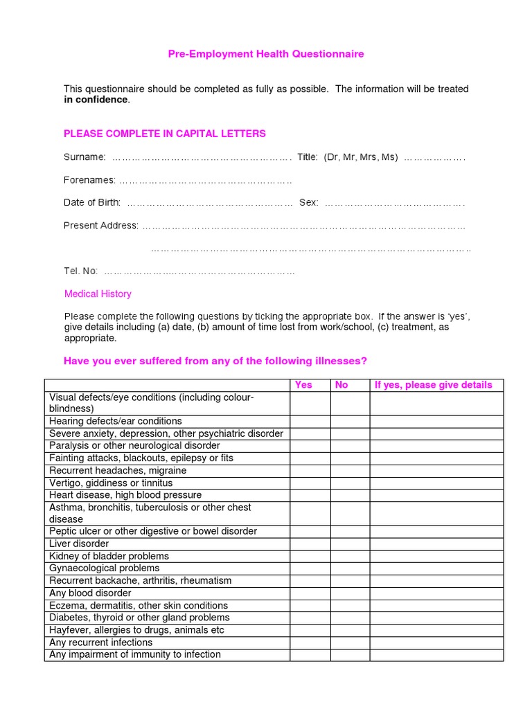 Pre-Employment Health Questionnaire: in Confidence | PDF | Dermatitis ...