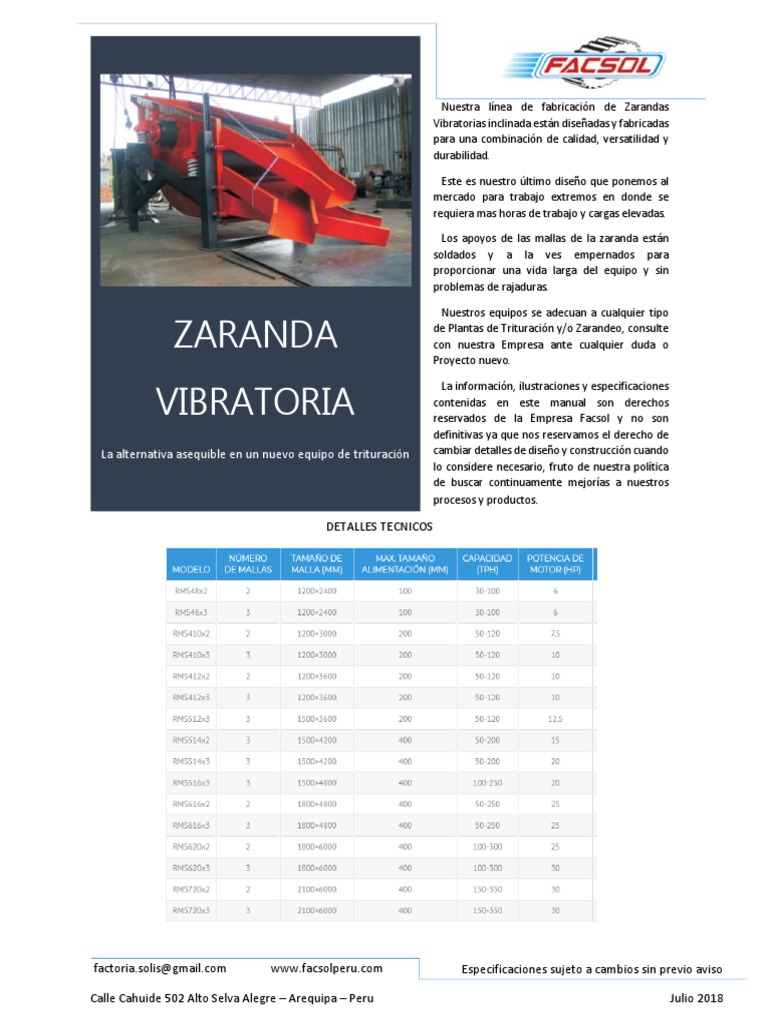 Zaranda Vibratoria - Ficha Tecnica FACSOL | PDF