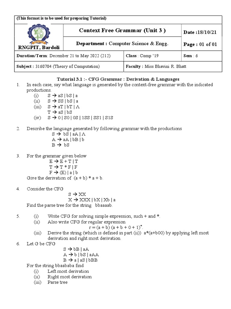 CFG Tut CFG - 3.1 Derivation and Language | PDF