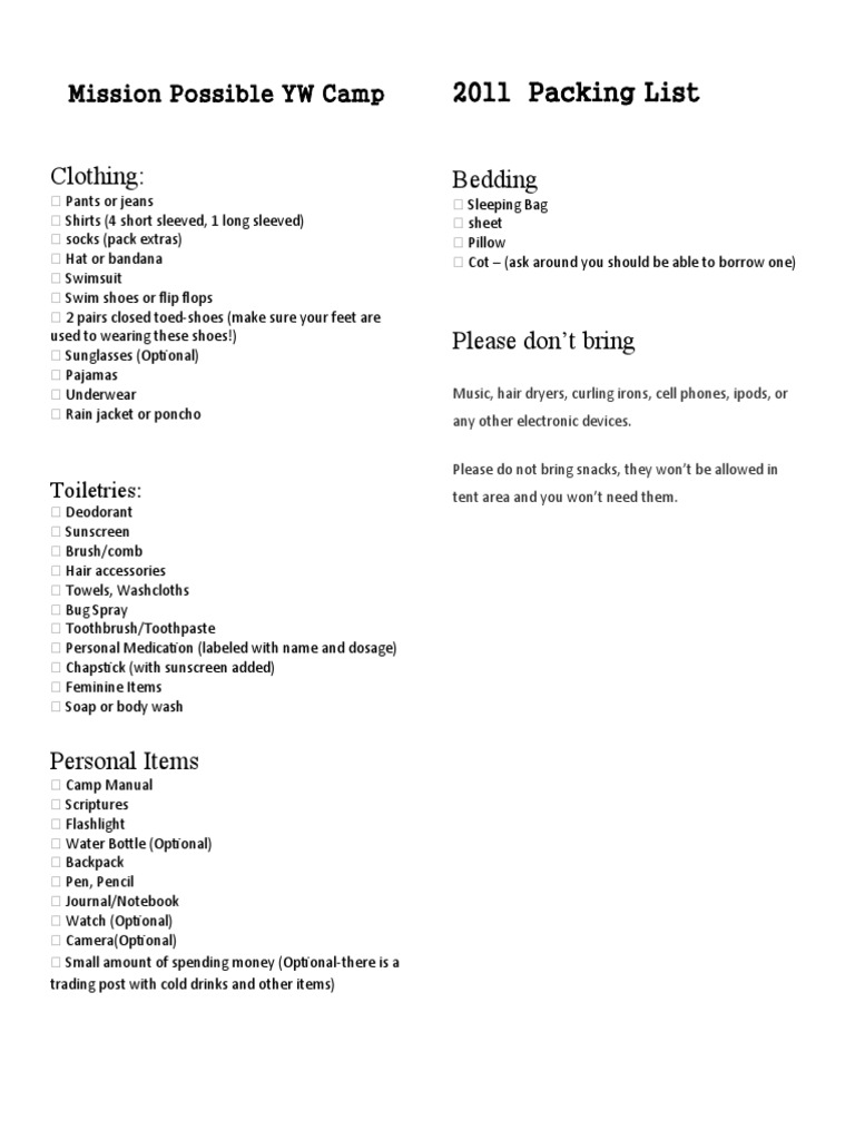YW Camp Packing Essentials | PDF