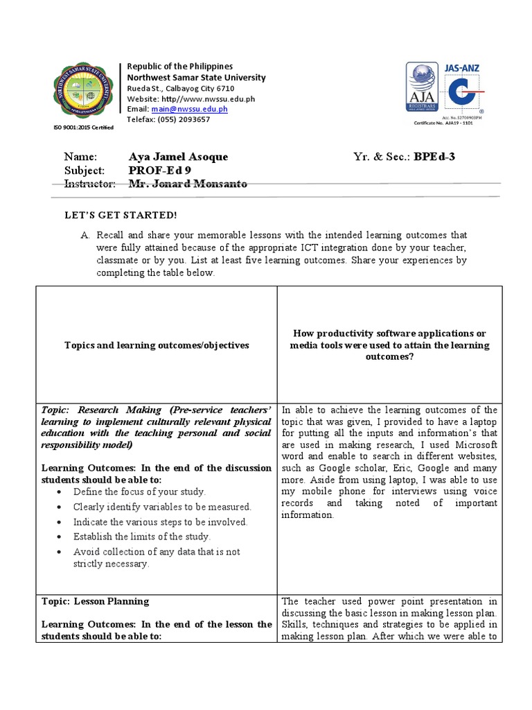 Name: Yr. & Sec.: Bped-3 Subject: Instructor: Mr. Jonard Monsanto | PDF ...