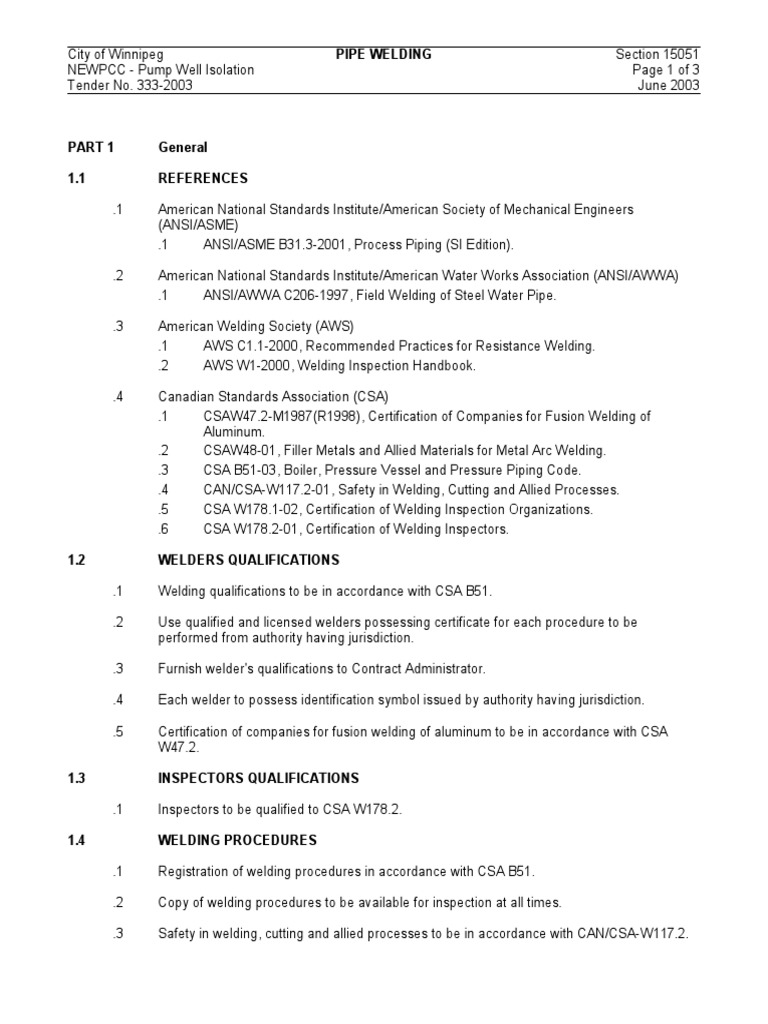333-2003 Section 15051-Pipe Welding | PDF | Computers | Technology & Engineering