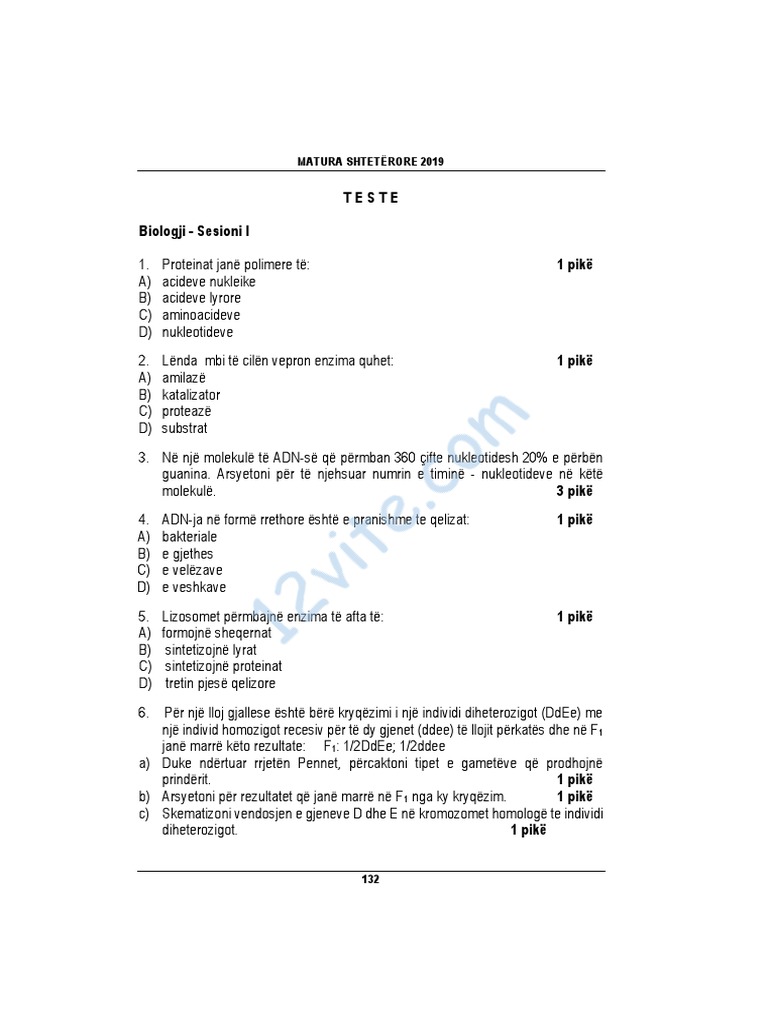 Biologji Sesioni 1 Teza 2019 | PDF