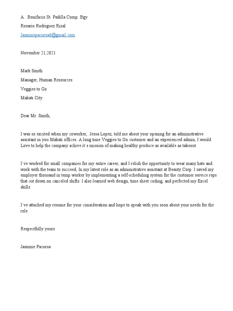 Application Letter Jasmine Pacursa BSBA FM 1-D | PDF