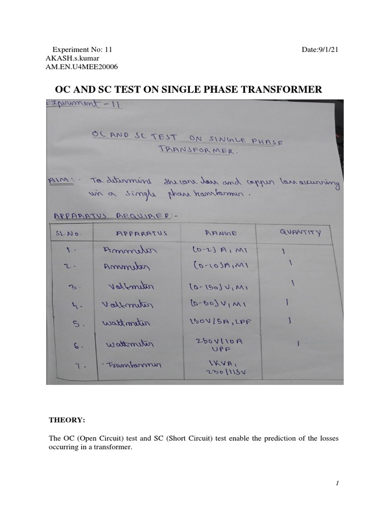 Oc and SC Test On Single Phase Transformer: Experiment No: 11 Date:9/1 ...
