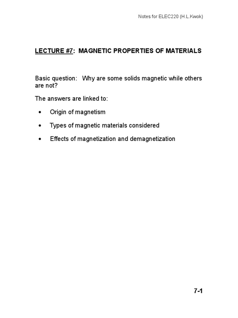 Lecture #7: Magnetic Properties of Materials: Notes For ELEC220 (H.L ...