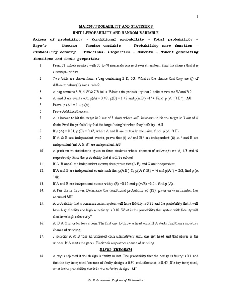 Ma1253 / Probability and Statistics Unit I /probability and Random ...