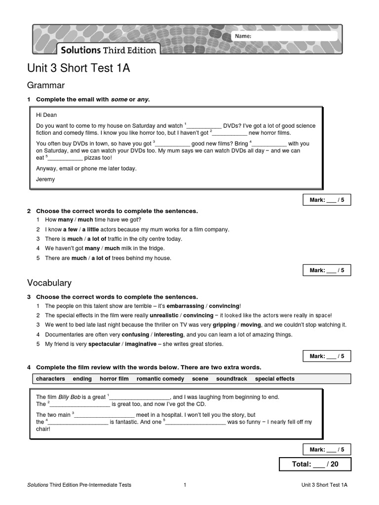 Unit 3 Short Test 1A Solutions | PDF