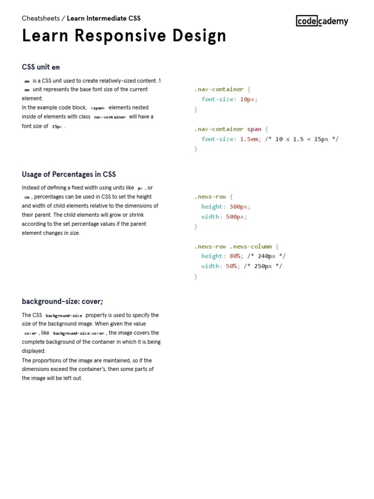 Learn Intermediate Css Learn Responsive Design Cheatsheet Codecademy Pdf Responsive Web