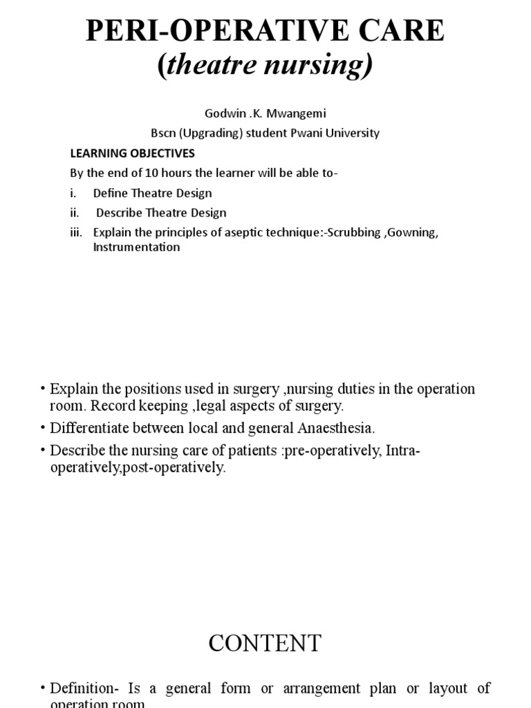 Peri-Operative Care (Theatre Nursing) : Learning Objectives | PDF ...