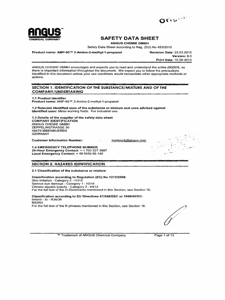 Amp 95 - MSDS | PDF | Toxicity | Dangerous Goods