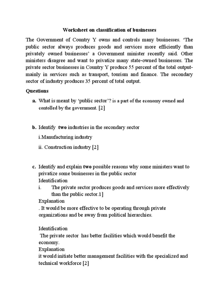 Worksheet On Classification of Businesses | PDF