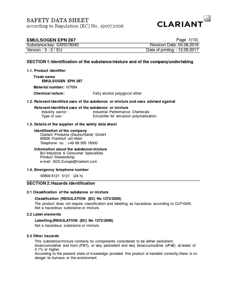 Emulsogen Epn 287-MSDS | PDF | Toxicity | Dangerous Goods