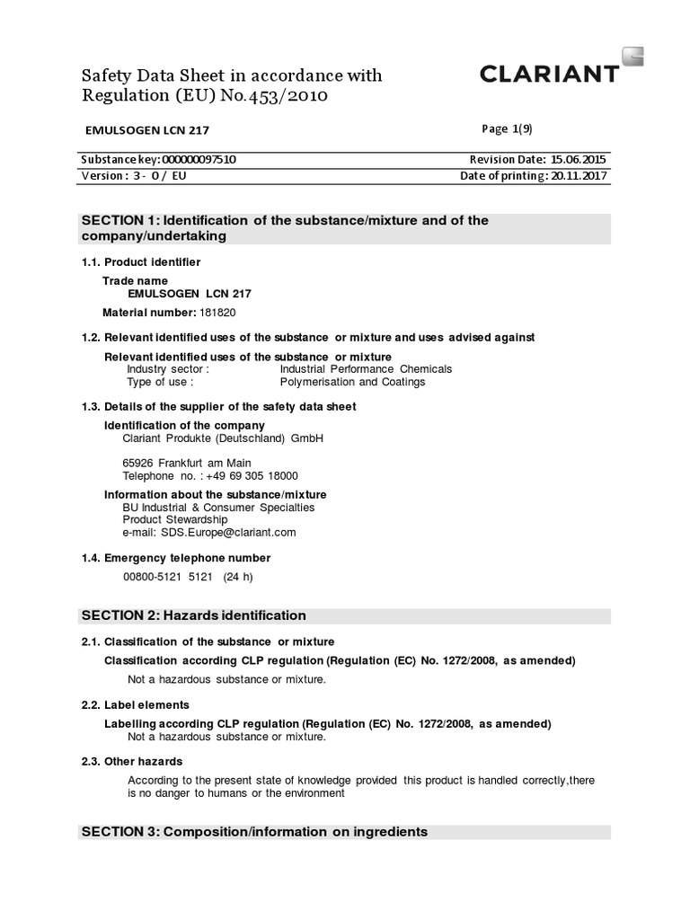 Emulsogen LCN 217 - MSDS | PDF | Toxicity | Physical Sciences