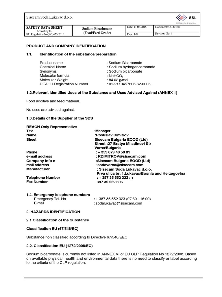 Sodium Bicarbonate - MSDS | Download Free PDF | Sodium Bicarbonate ...
