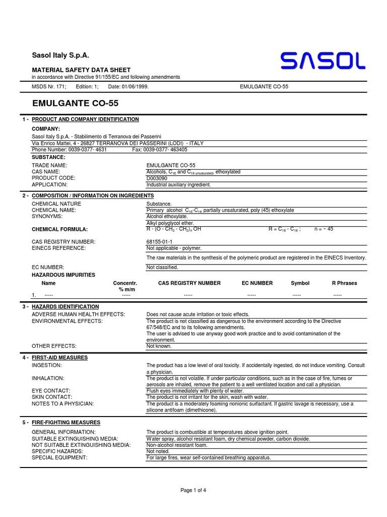 Sasol Italy S.p.A. Material Safety Data Sheet for Emulgante CO-55 | PDF ...
