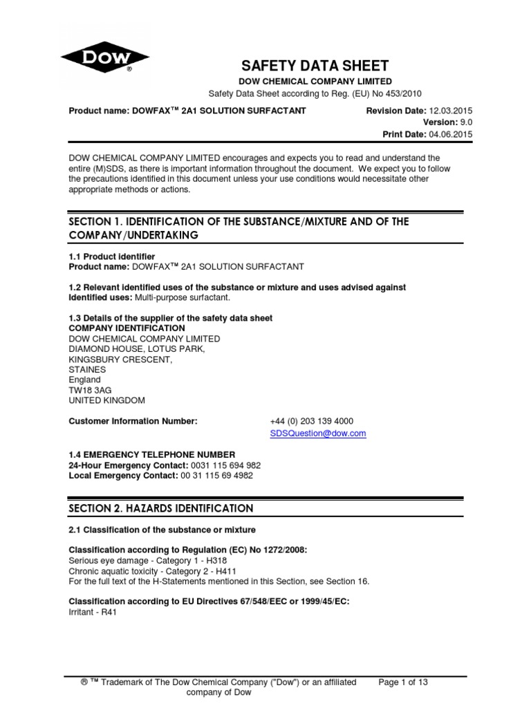 Dowfax (TM) - 2a1 - MSDS | PDF | Toxicity | Dangerous Goods
